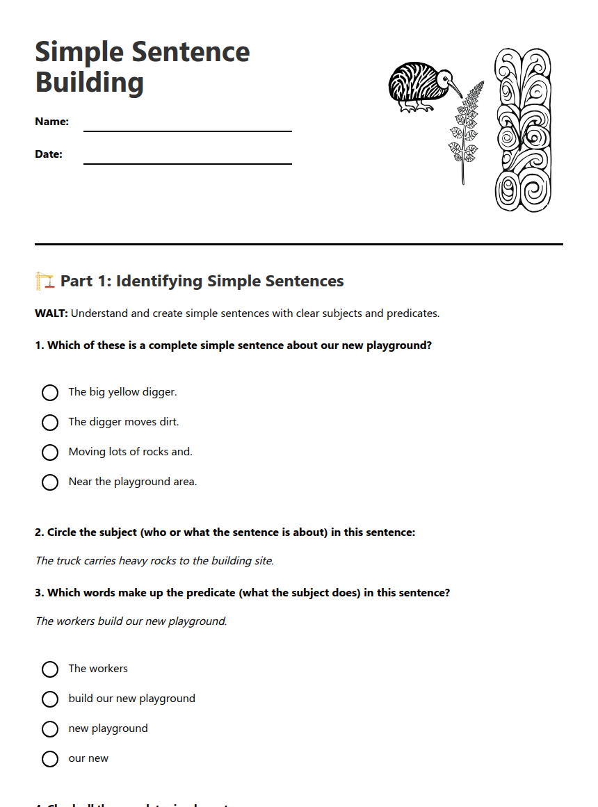 Simple Sentence Building — Free Printable Worksheet for English | Kuraplan