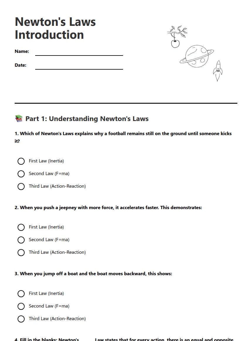 Newton's Laws Introduction — Free Printable Worksheet for Science ...