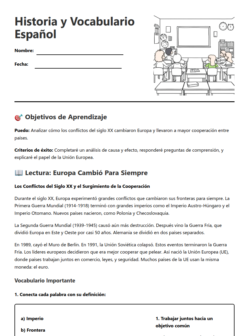 Historia y Vocabulario Español — Free Printable Worksheet for History ...