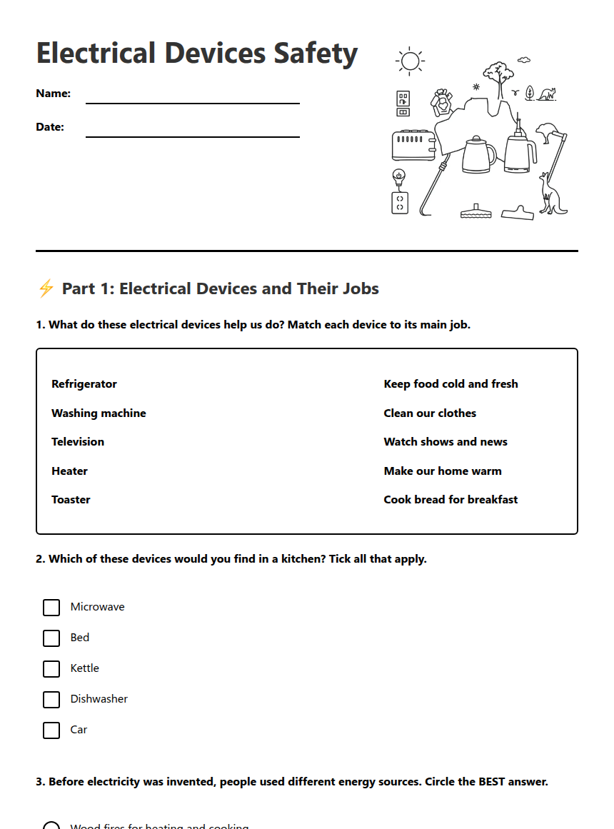 Electrical Devices Safety — Free Printable Worksheet for Technology ...