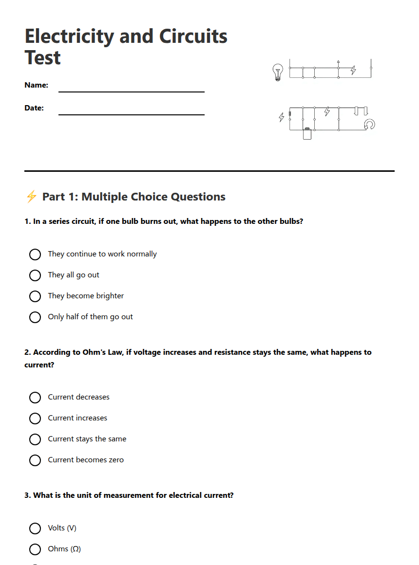 Electricity and Circuits Test — Free Printable Worksheet for Science ...