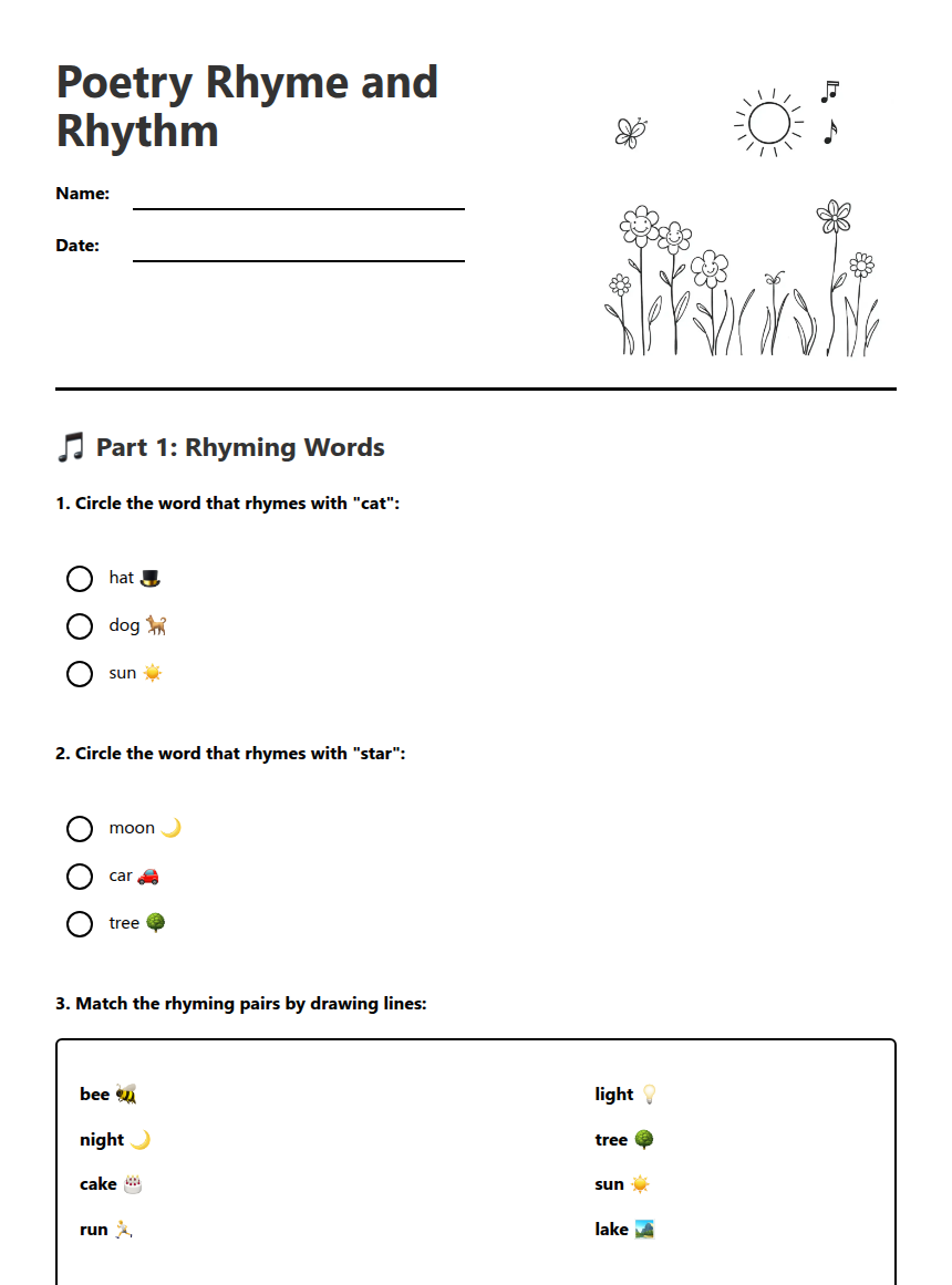 Poetry Rhyme and Rhythm — Free Printable Worksheet for English (ELA ...