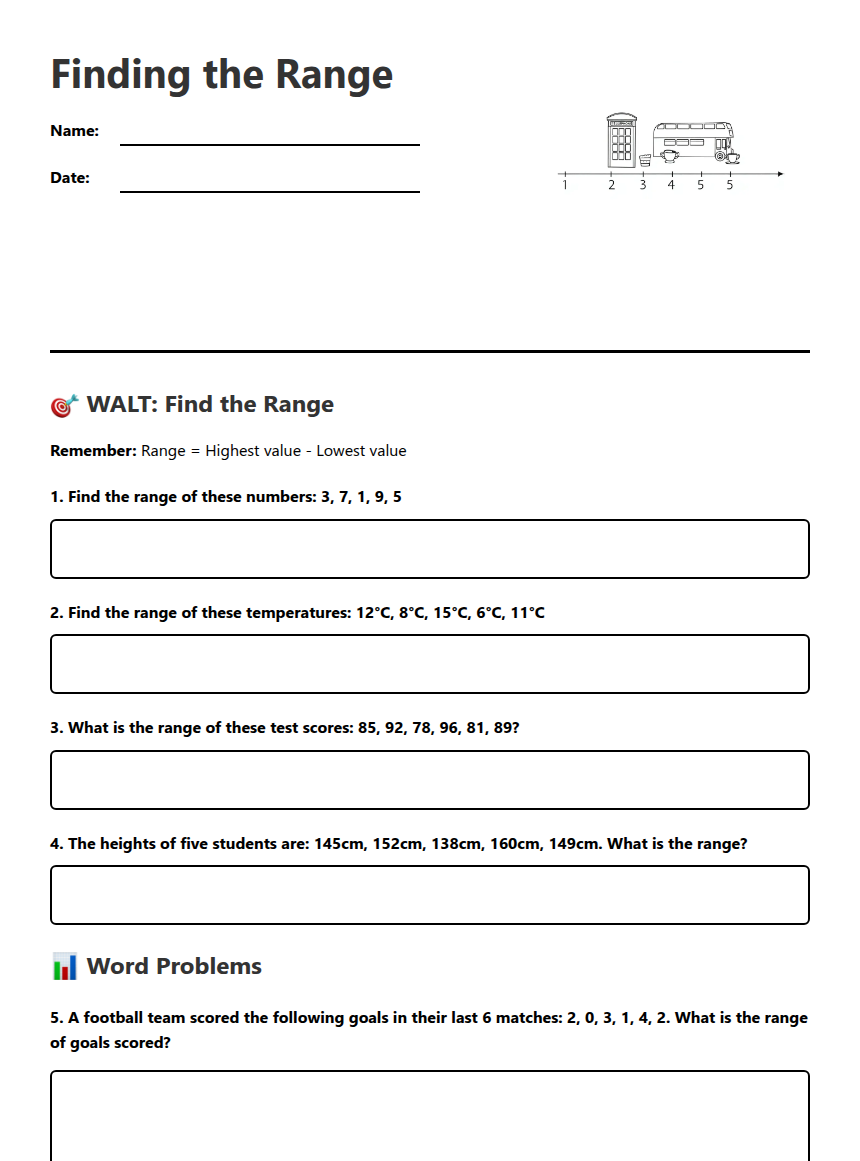 Finding the Range — Free Printable Worksheet for Maths | Kuraplan
