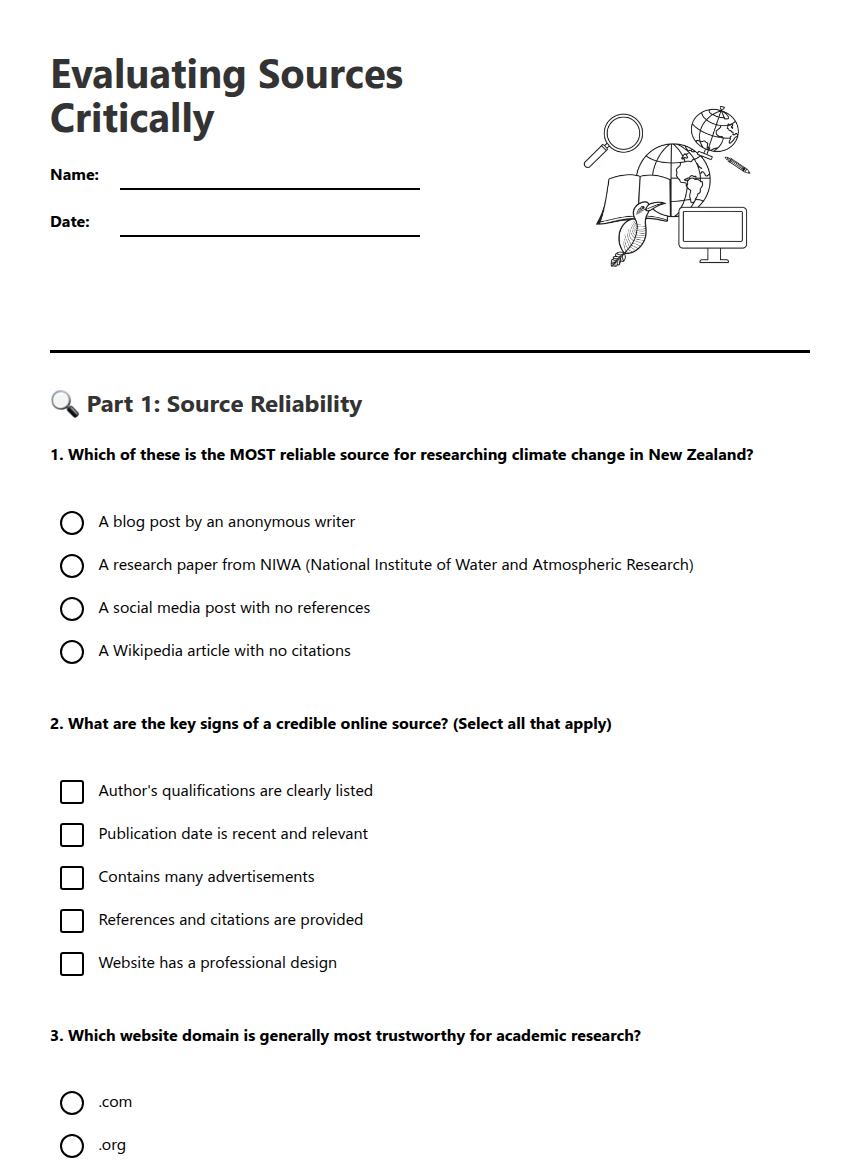 Evaluating Sources Critically — Free Printable Worksheet for Social ...