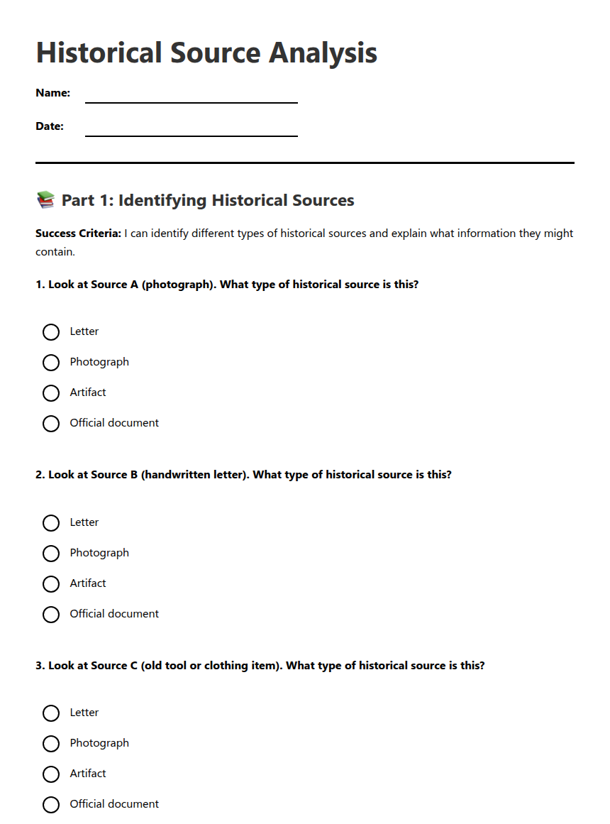 Historical Source Analysis — Free Printable Worksheet for Social ...