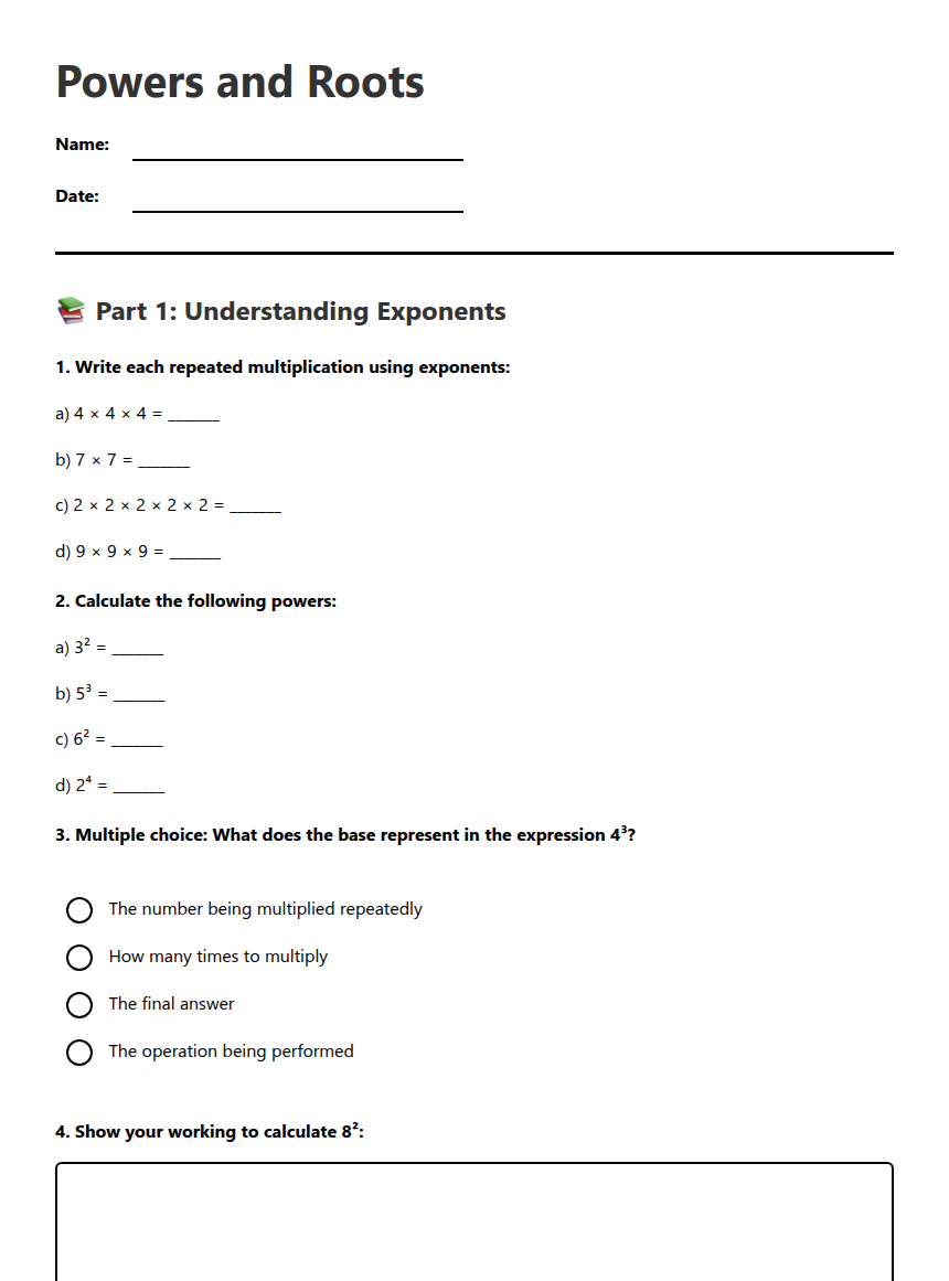 Powers and Roots — Free Printable Worksheet for Maths | Kuraplan