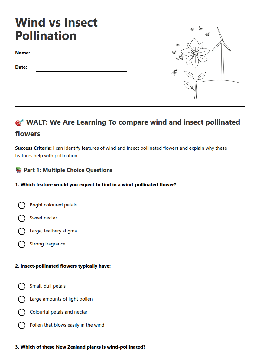 Wind vs Insect Pollination — Free Printable Worksheet for Science ...