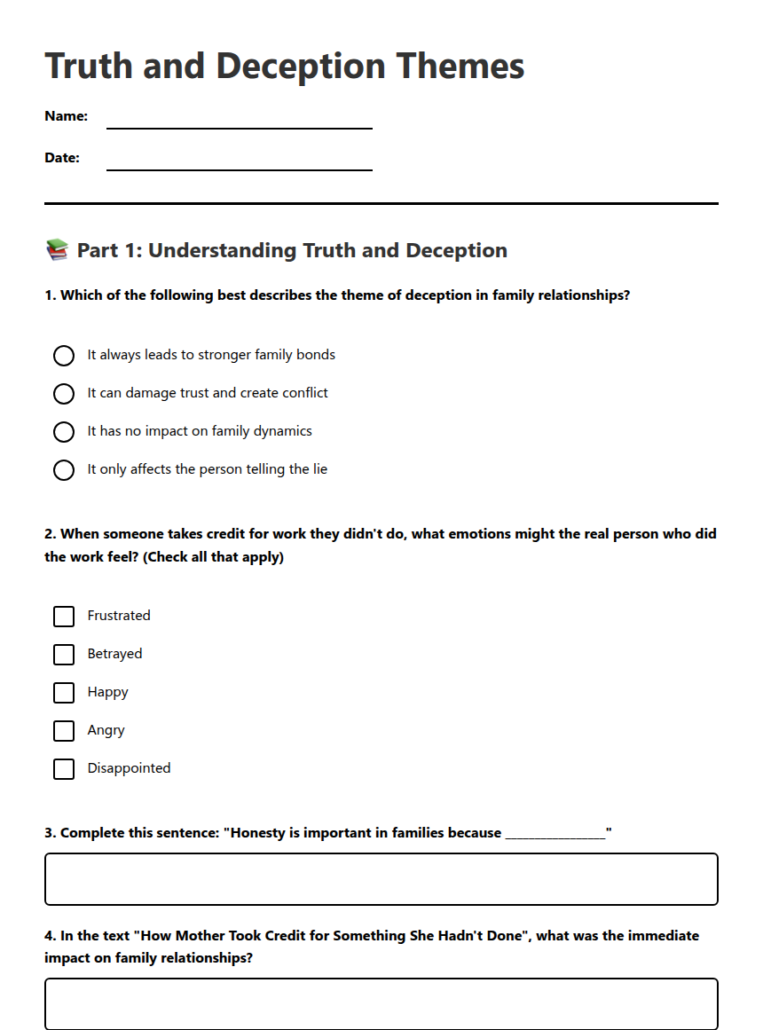 Truth and Deception Themes — Free Printable Worksheet for English ...
