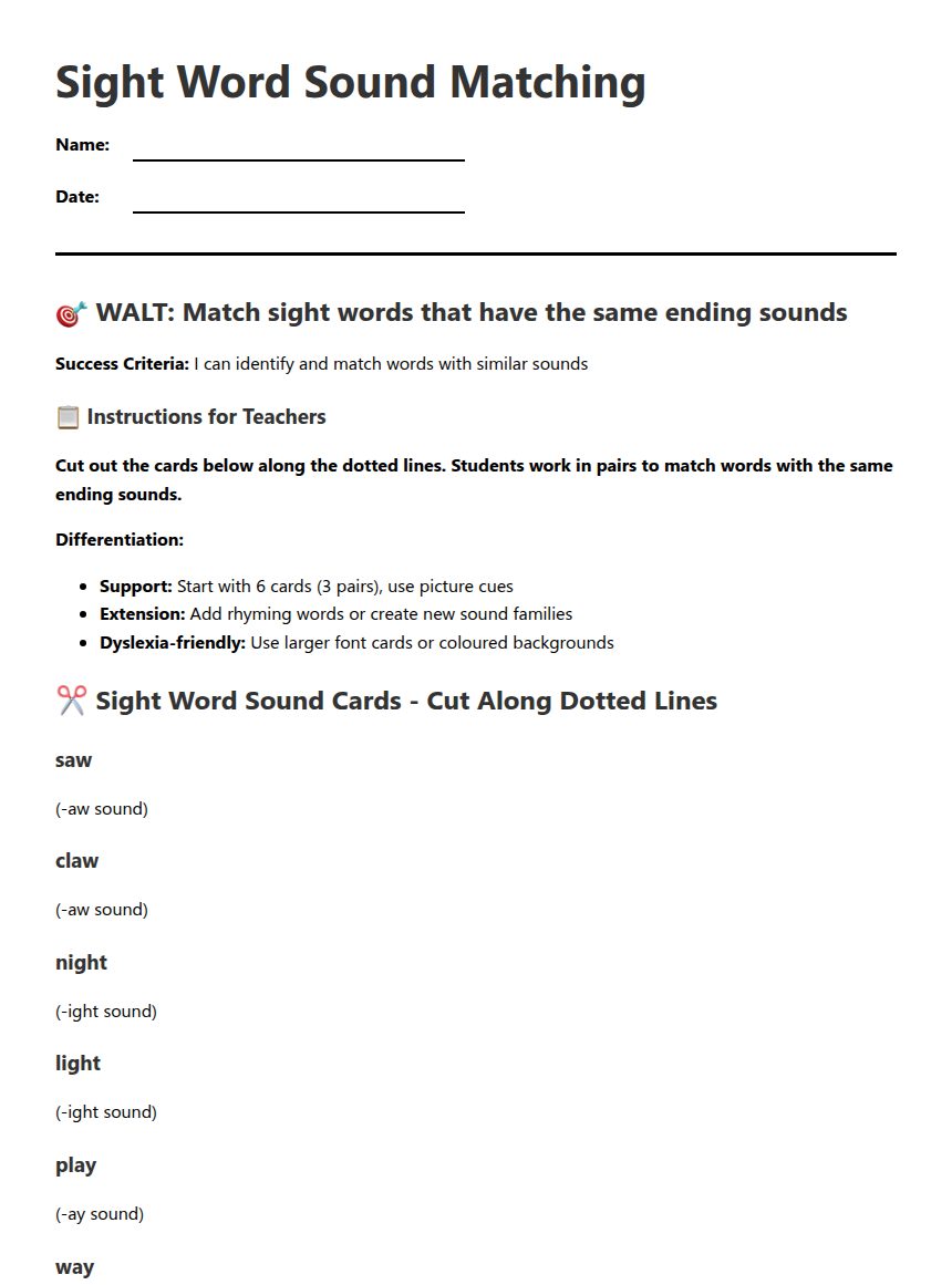 Sight Word Sound Matching — Free Printable Worksheet for English | Kuraplan