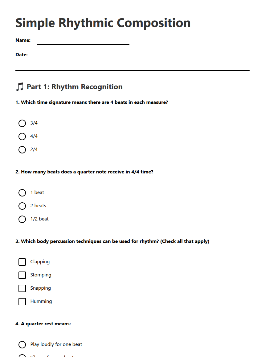 Simple Rhythmic Composition — Free Printable Worksheet for Music | Kuraplan