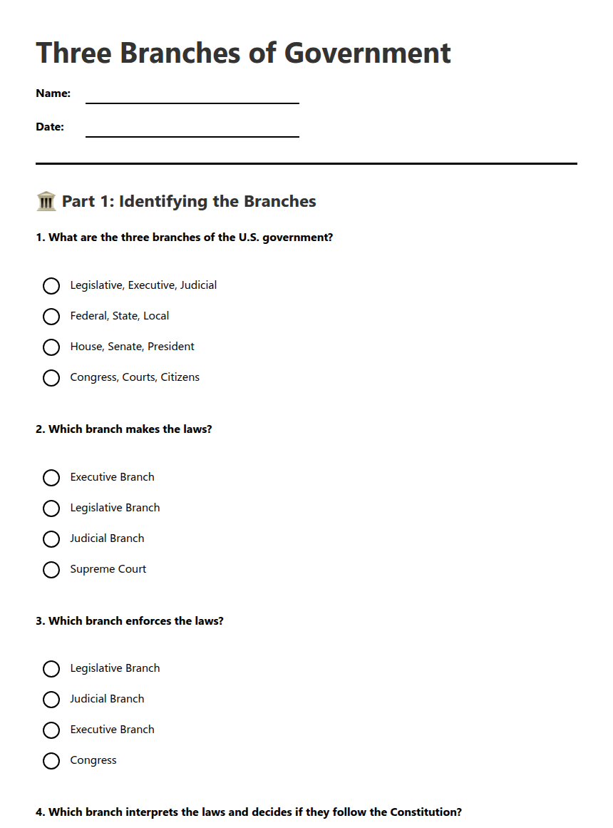 Three Branches of Government — Free Printable Worksheet for US History ...
