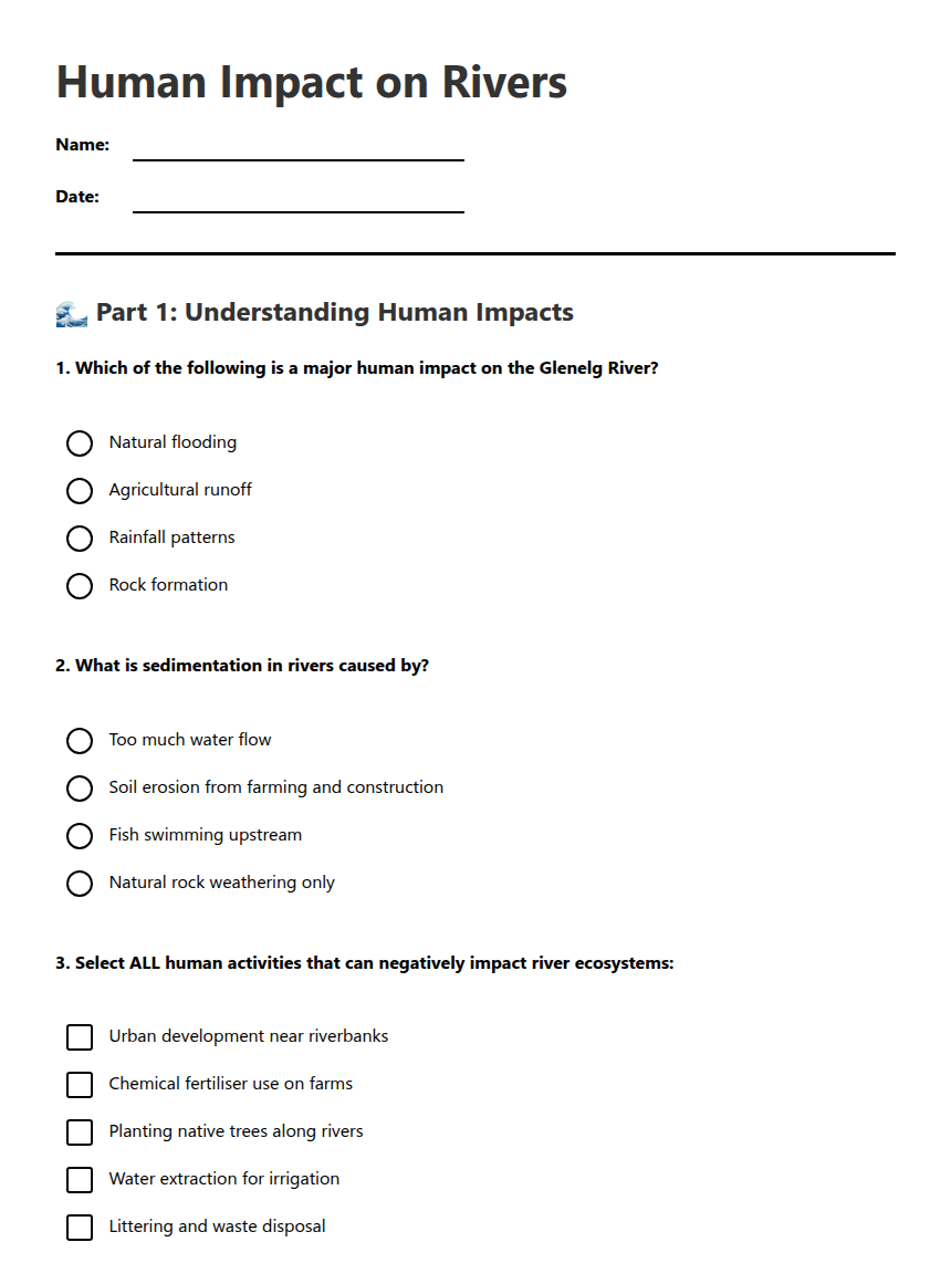 Human Impact on Rivers — Free Printable Worksheet for Social Sciences ...