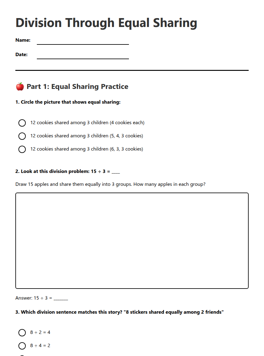 Division Through Equal Sharing — Free Printable Worksheet for ...