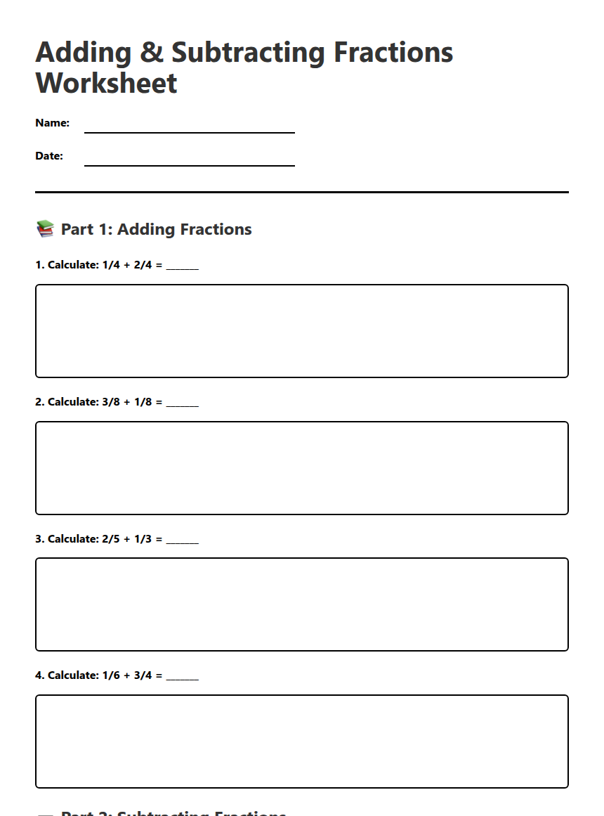 Adding Subtracting Fractions Worksheet — Free Printable Worksheet for ...