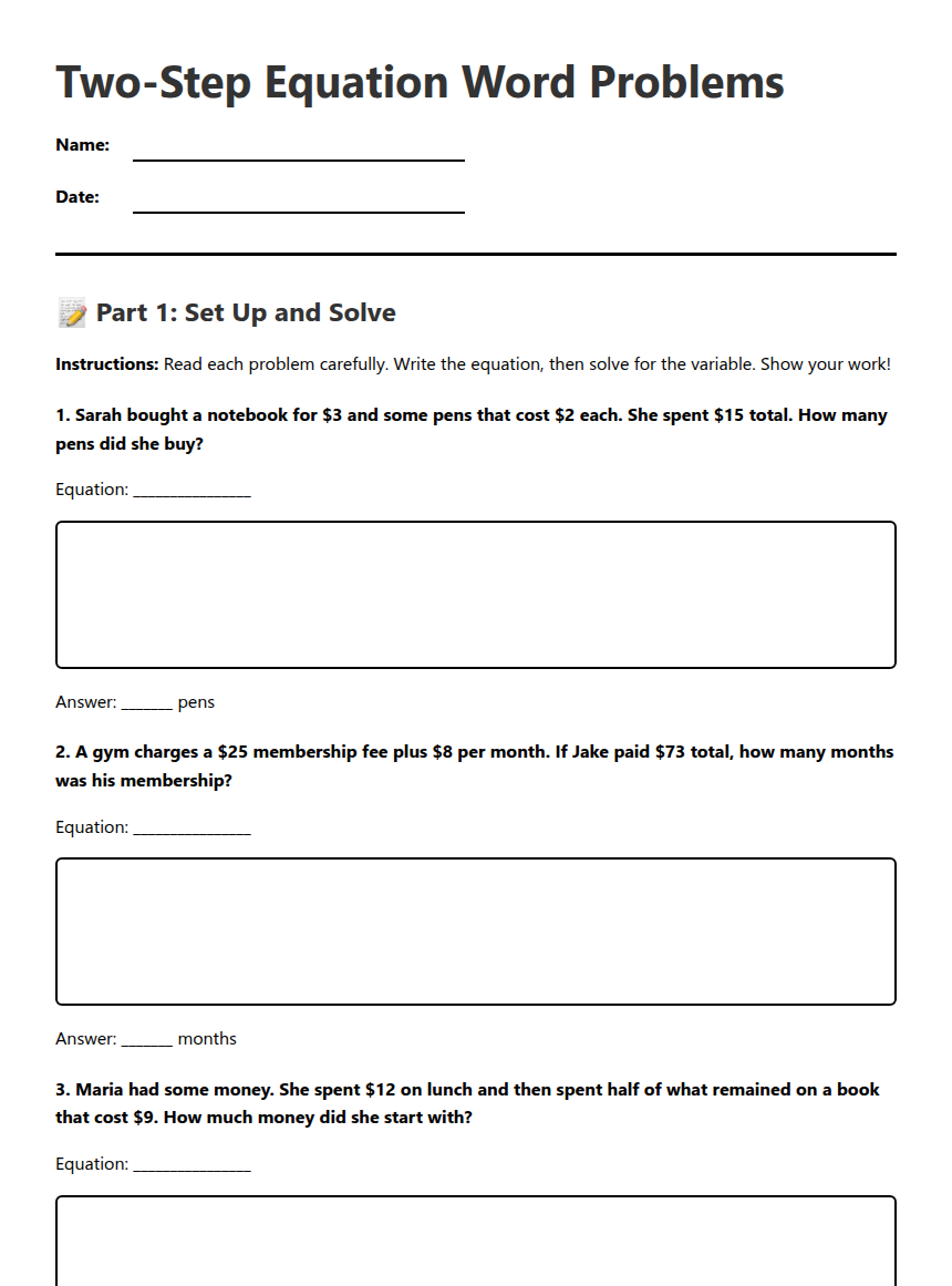 Two-Step Equation Word Problems — Free Printable Worksheet for ...