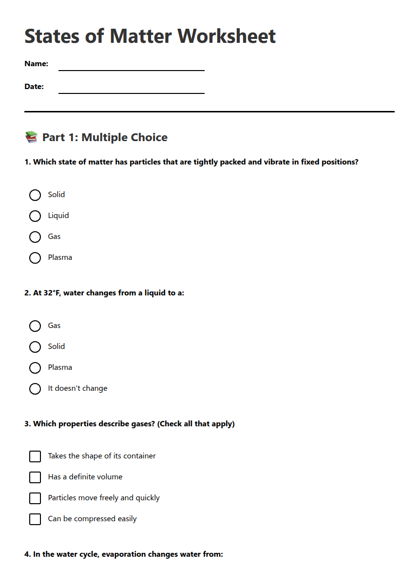 States of Matter Worksheet — Free Printable Worksheet for Science ...