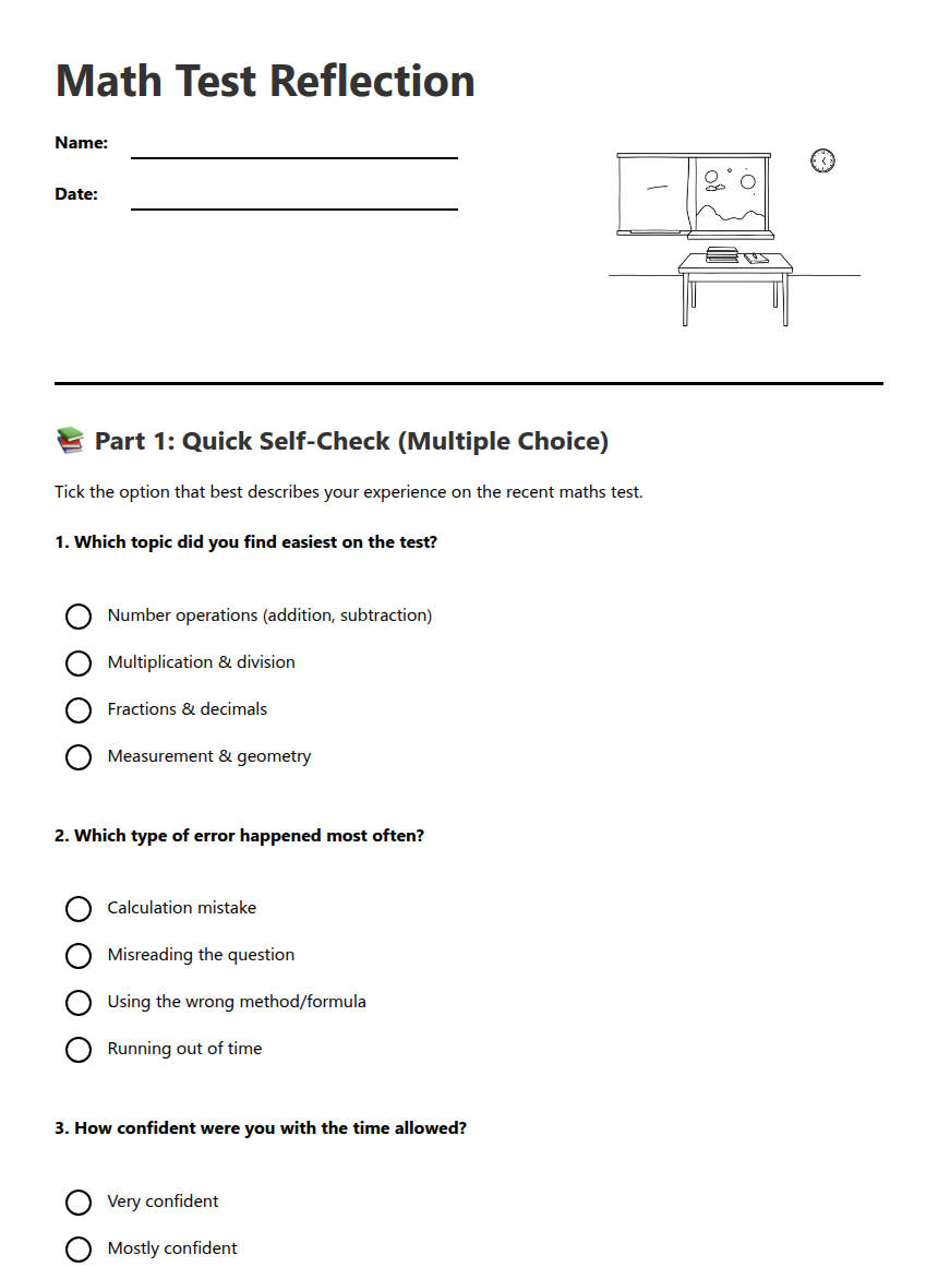 Math Test Reflection — Free Printable Worksheet for Mathematics | Kuraplan
