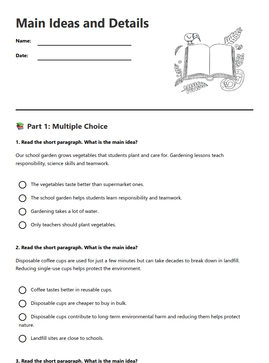 Main Ideas and Details — Free Printable Worksheet for English | Kuraplan