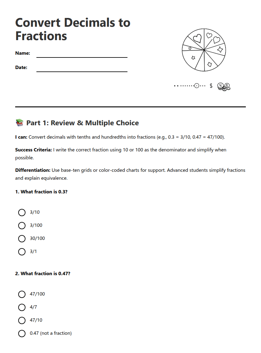 Convert Decimals to Fractions — Free Printable Worksheet for ...