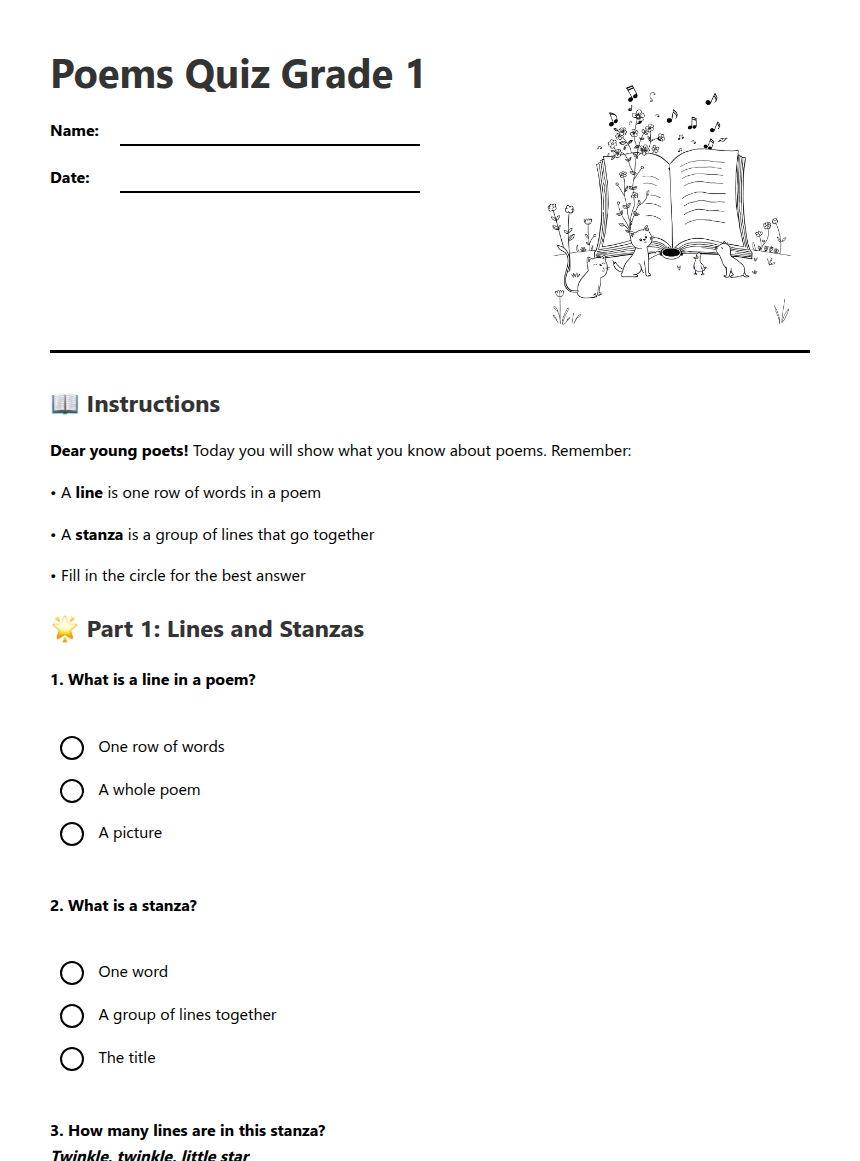 Poems Quiz Grade 1 — Free Printable Worksheet for English (ELA) | Kuraplan