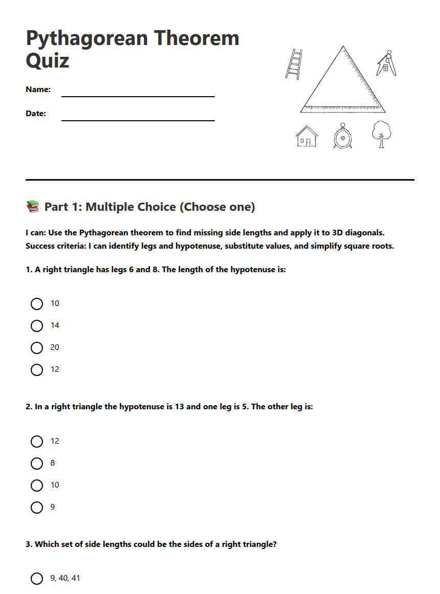 Pythagorean Theorem Quiz — Free Printable Worksheet for Mathematics ...
