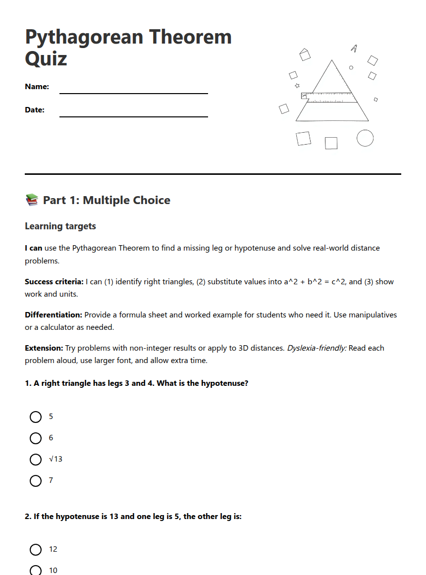 Pythagorean Theorem Quiz — Free Printable Worksheet for Mathematics ...