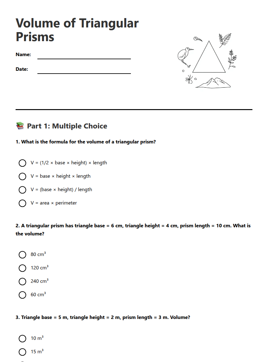 Volume of Triangular Prisms — Free Printable Worksheet for Maths | Kuraplan