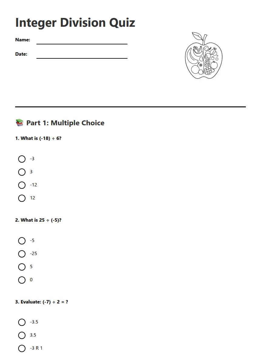 Integer Division Quiz — Free Printable Worksheet for Mathematics | Kuraplan