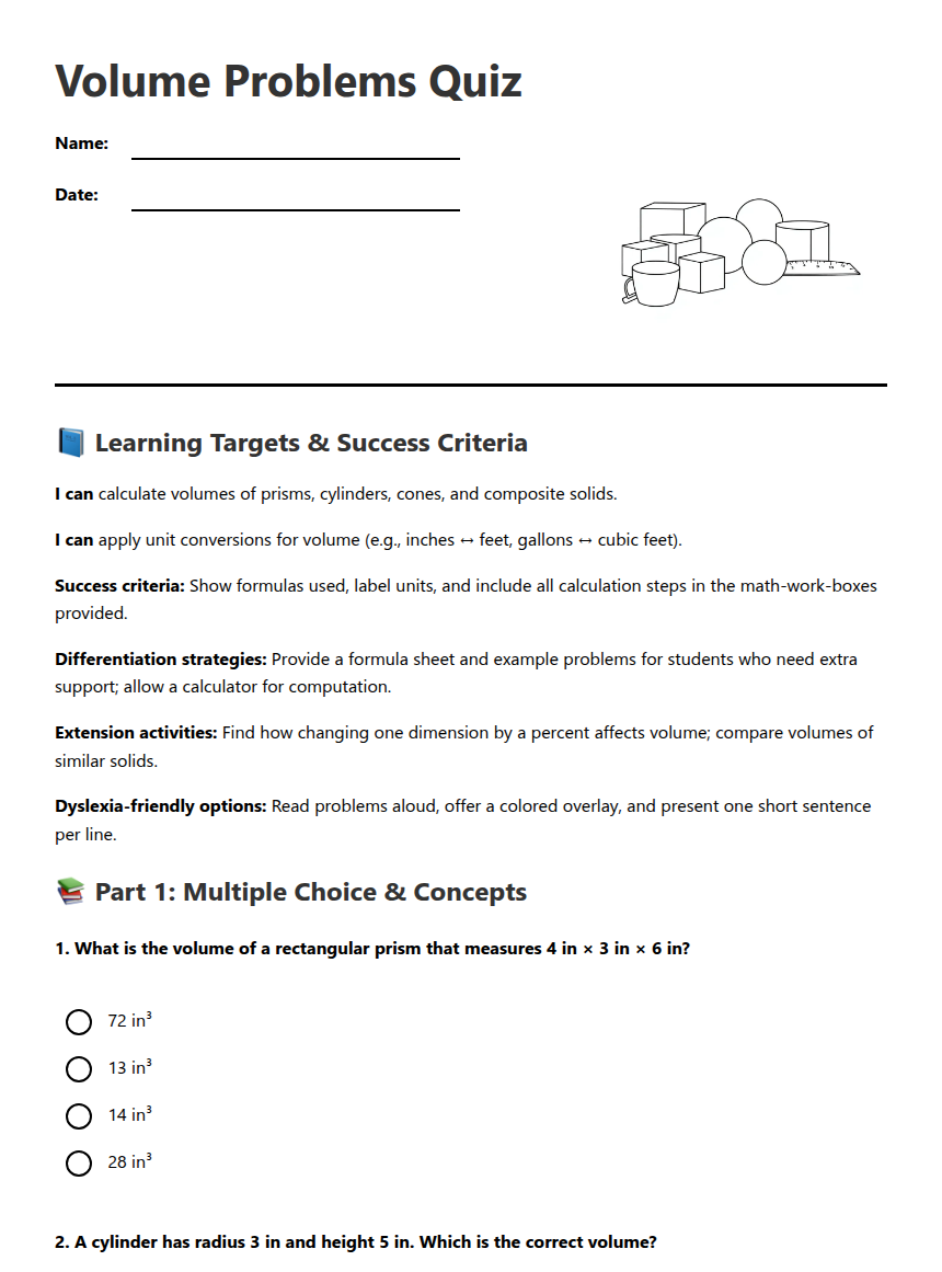 Volume Problems Quiz — Free Printable Worksheet for Mathematics | Kuraplan