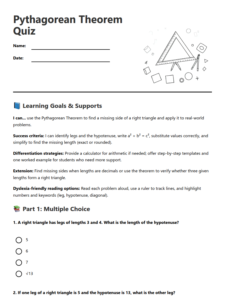 Pythagorean Theorem Quiz — Free Printable Worksheet for Mathematics ...