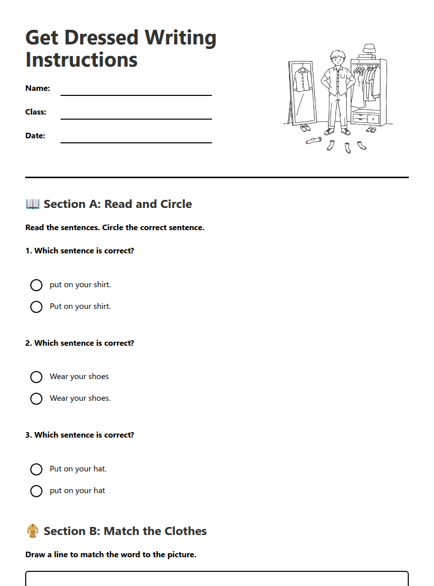 Get Dressed Writing Instructions — Free Printable Worksheet for ...
