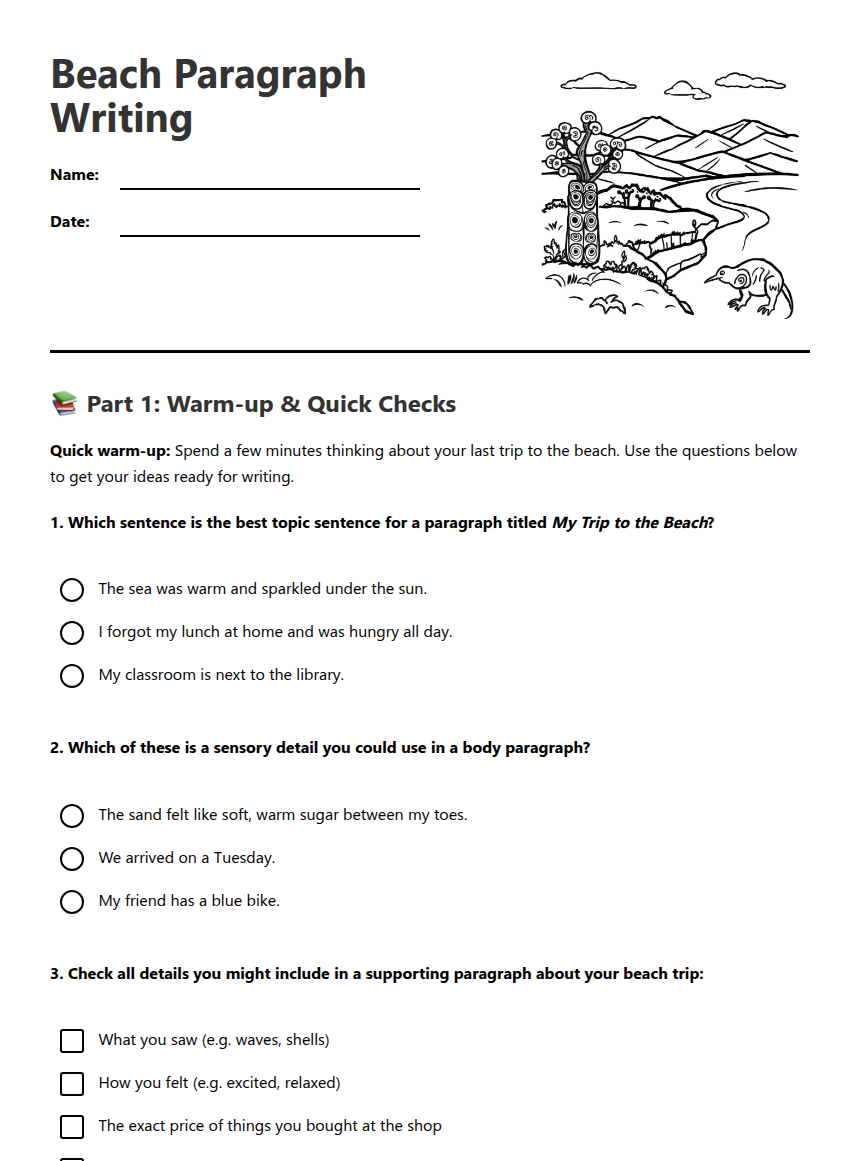 Beach Paragraph Writing — Free Printable Worksheet for English | Kuraplan