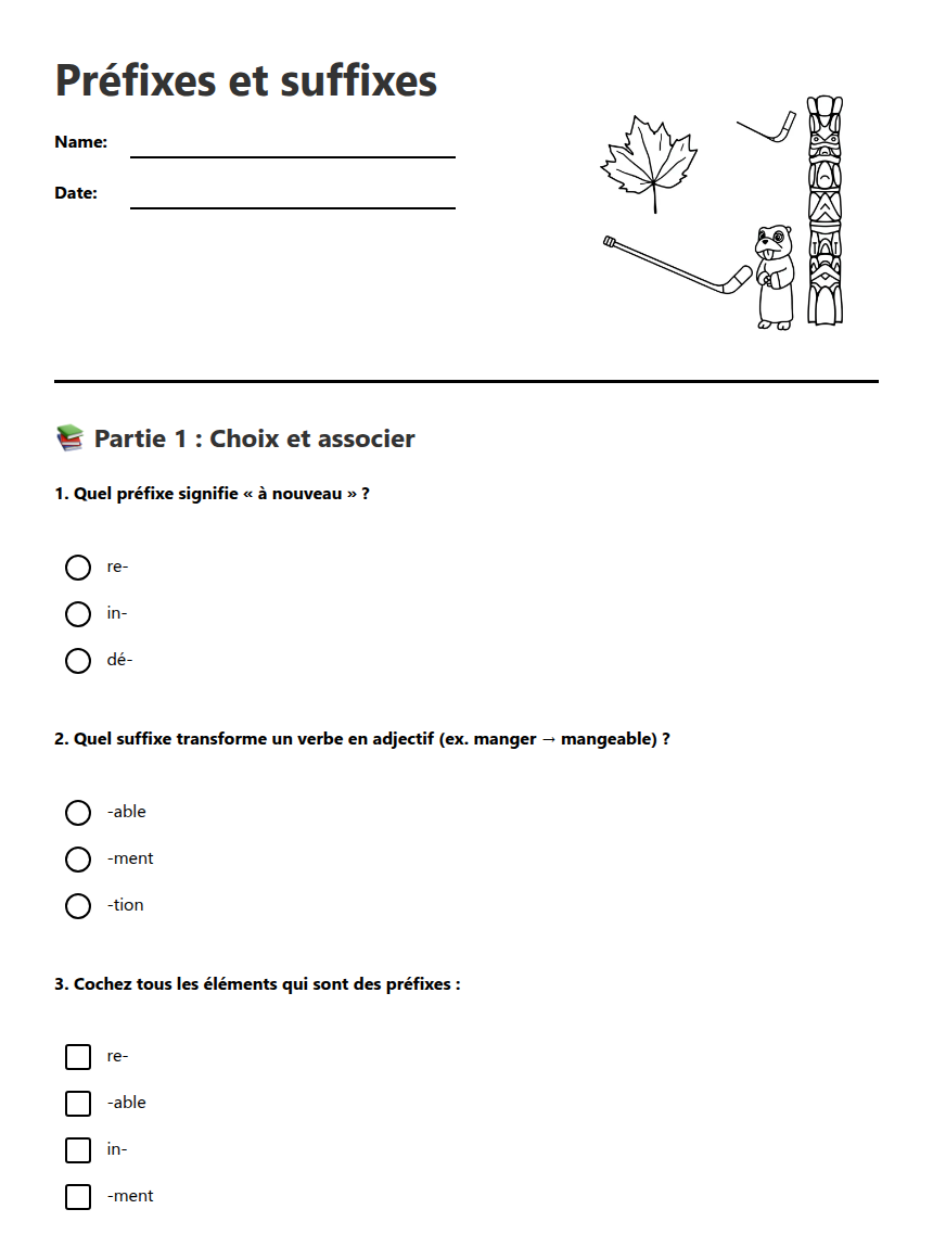 Préfixes et suffixes — Free Printable Worksheet for French | Kuraplan
