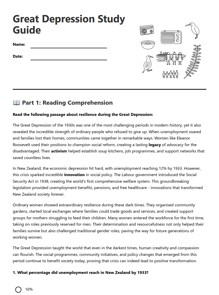 Great Depression Study Guide — Free Printable Worksheet for English ...