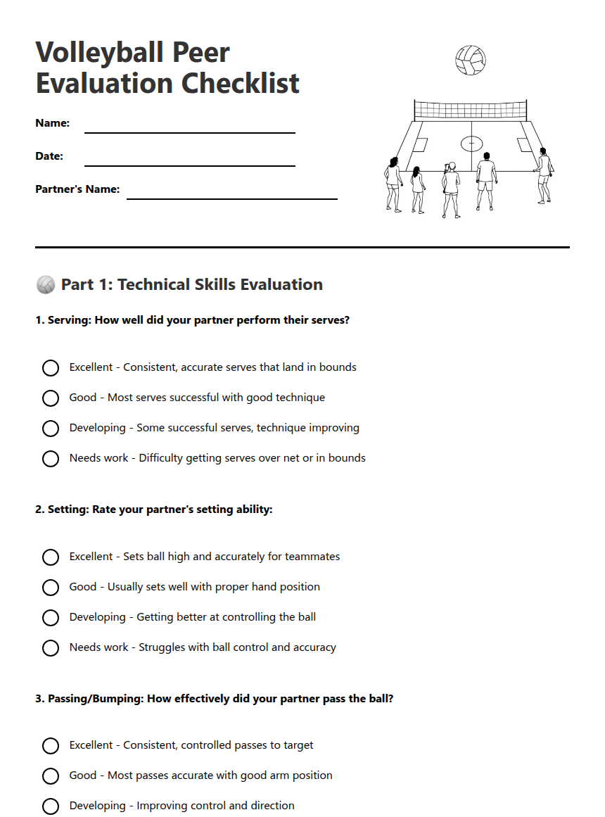 Volleyball Peer Evaluation Checklist — Free Printable Worksheet for PE ...