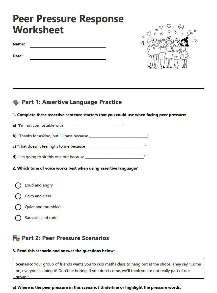 Peer Pressure Response Worksheet — Free Printable Worksheet for Health ...