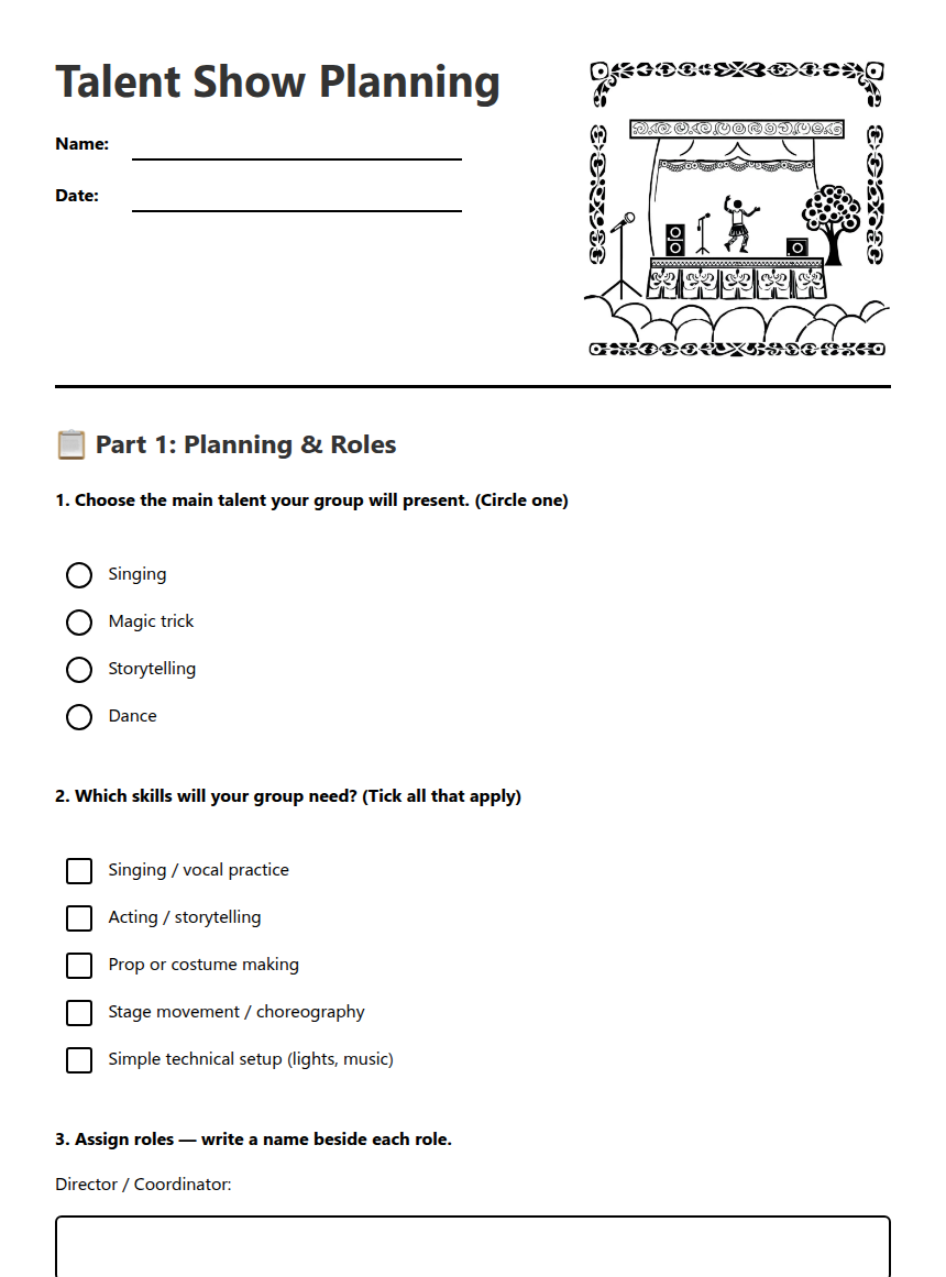 Talent Show Planning — Free Printable Worksheet for English | Kuraplan