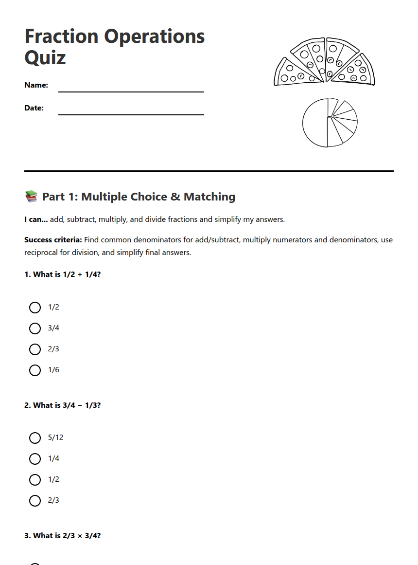 Fraction Operations Quiz — Free Printable Worksheet for Mathematics ...