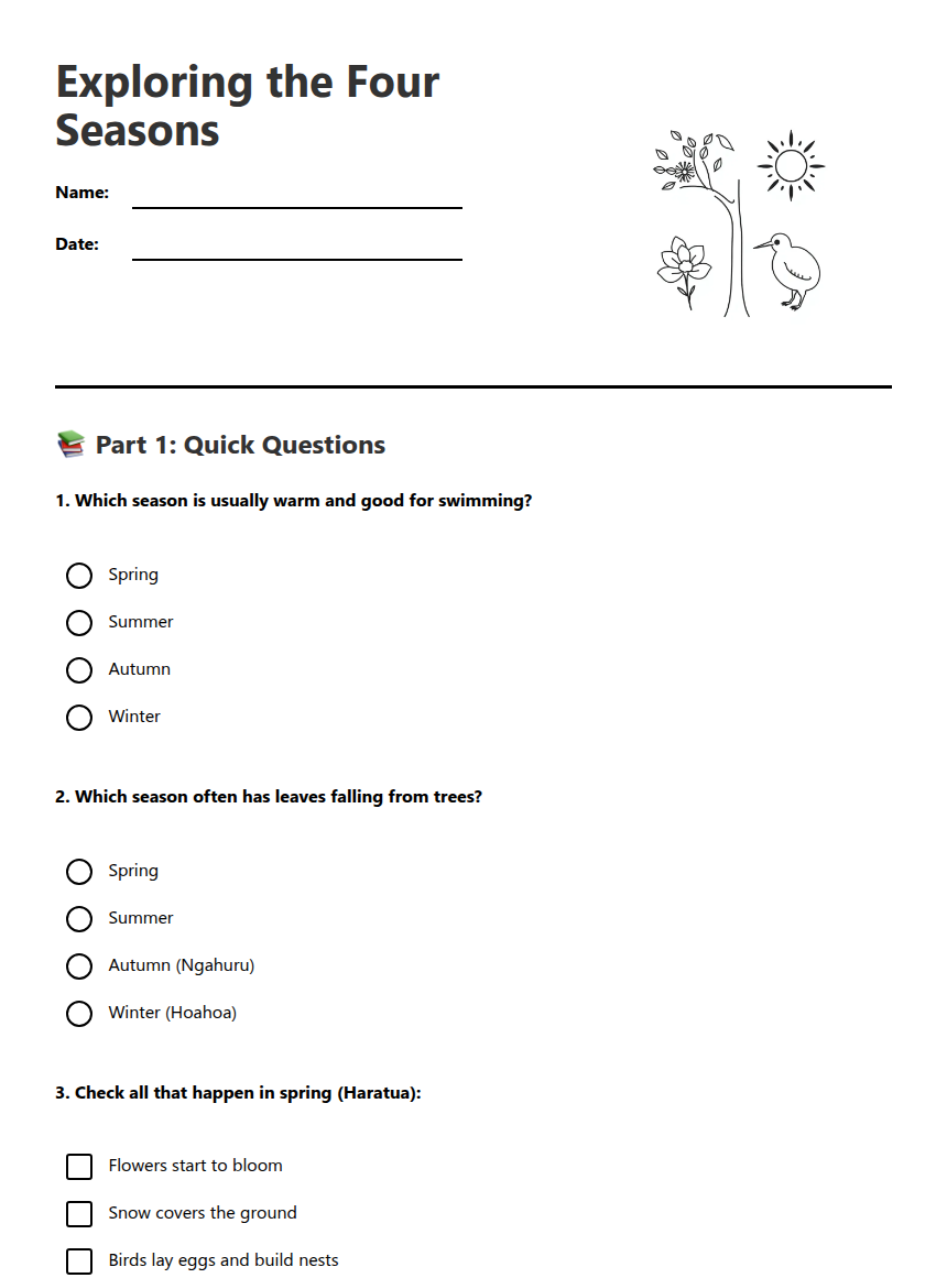 Exploring the Four Seasons — Free Printable Worksheet for Science ...