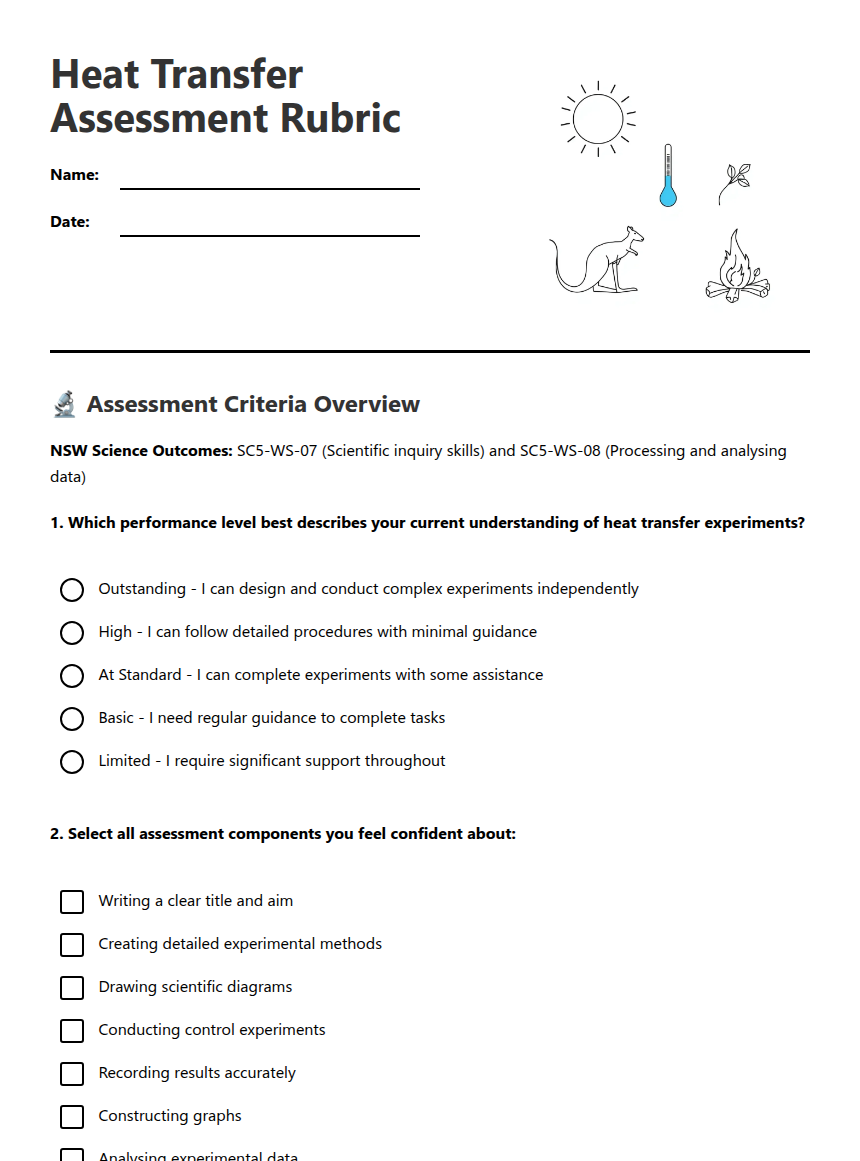 Heat Transfer Assessment Rubric — Free Printable Worksheet for Science ...