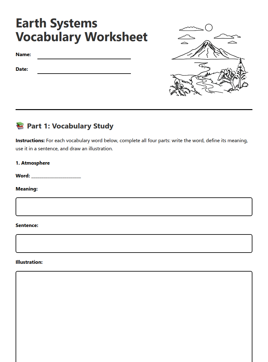 Earth Systems Vocabulary Worksheet — Free Printable Worksheet for ...