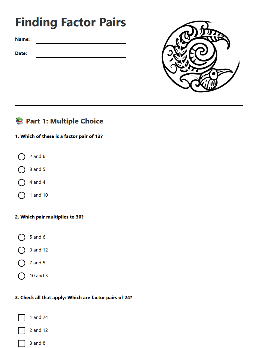Finding Factor Pairs — Free Printable Worksheet for English | Kuraplan