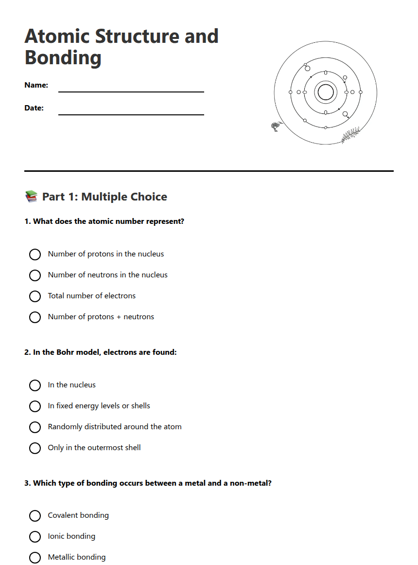 Atomic Structure and Bonding — Free Printable Worksheet for Science ...