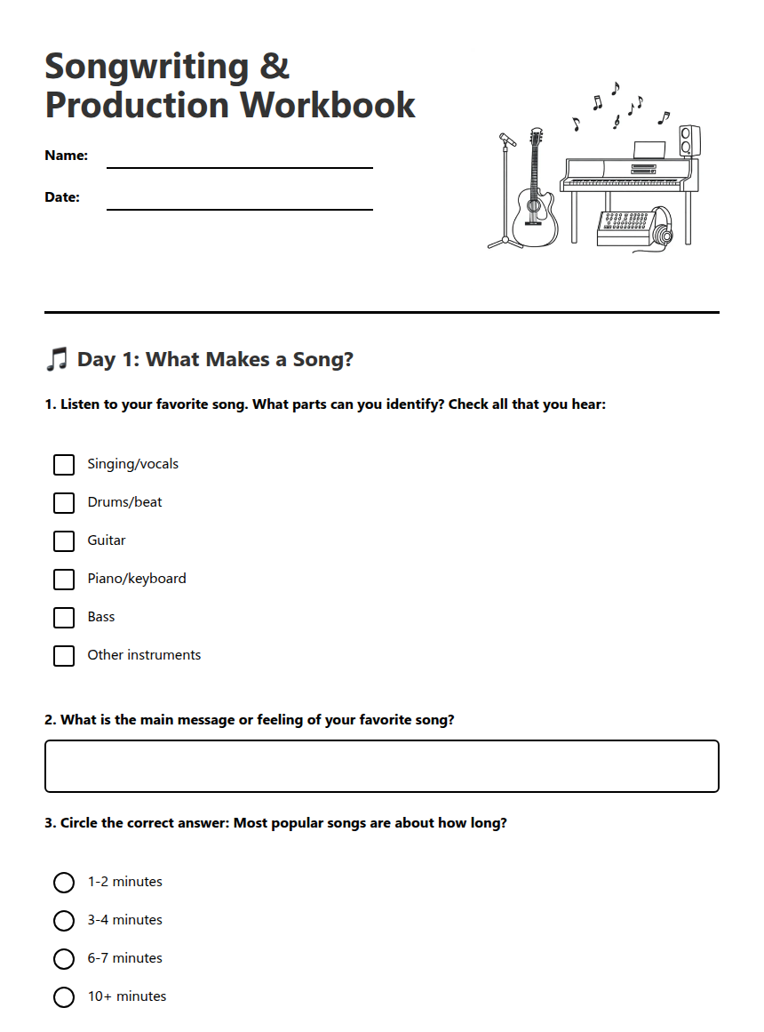 Songwriting & Production Workbook — Free Printable Worksheet for Music ...