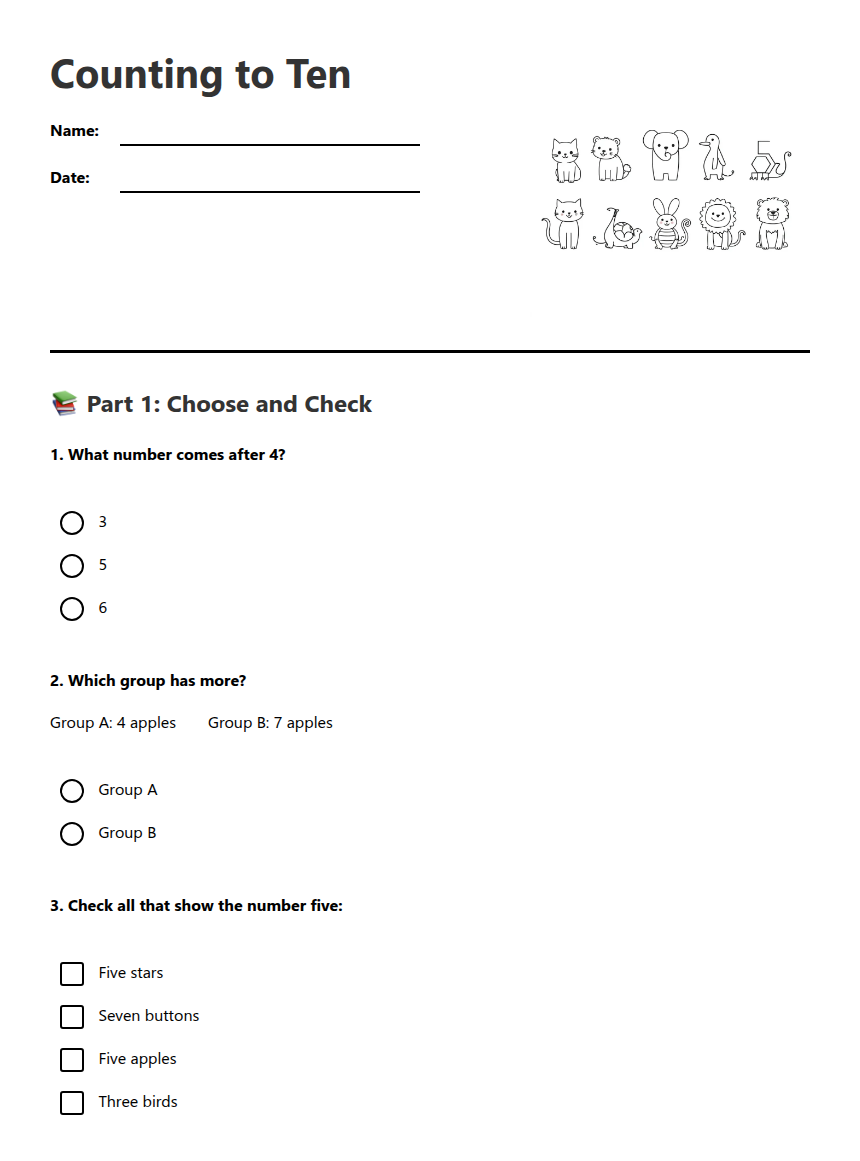 Counting to Ten — Free Printable Worksheet for Mathematics | Kuraplan