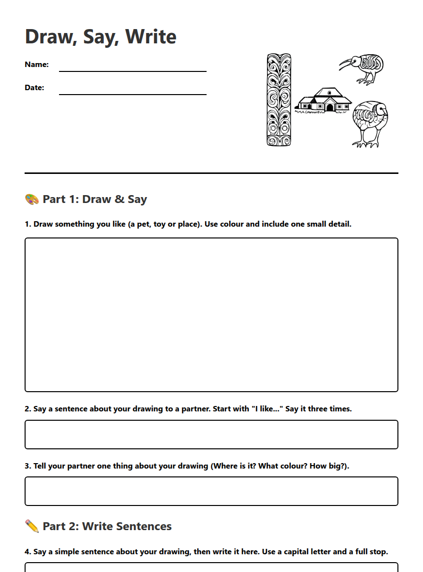 Draw, Say, Write — Free Printable Worksheet for English | Kuraplan