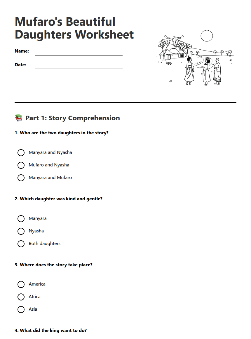 Mufaro's Beautiful Daughters Worksheet — Free Printable Worksheet for ...