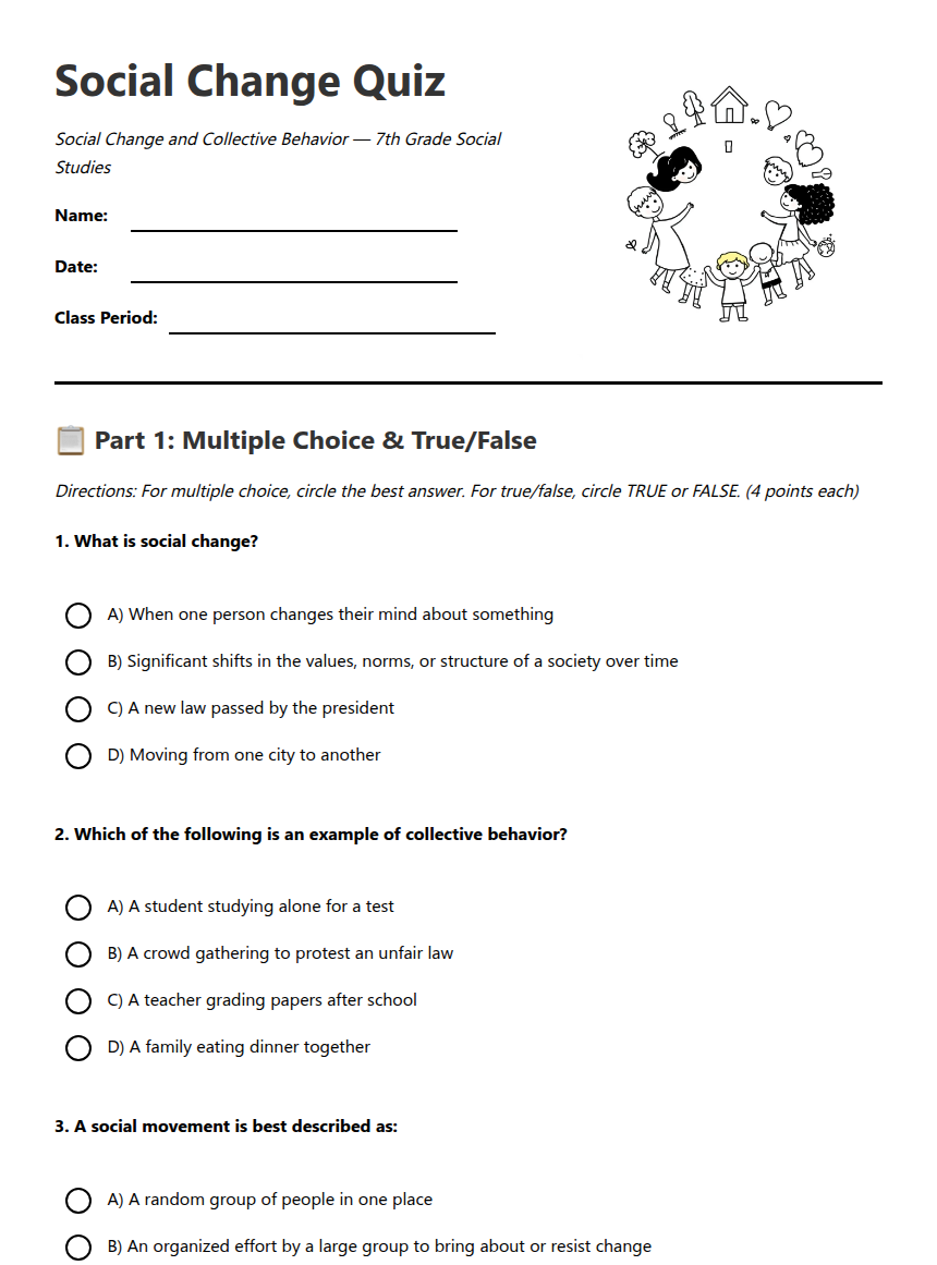 Social Change Quiz 7th Grade | Kuraplan