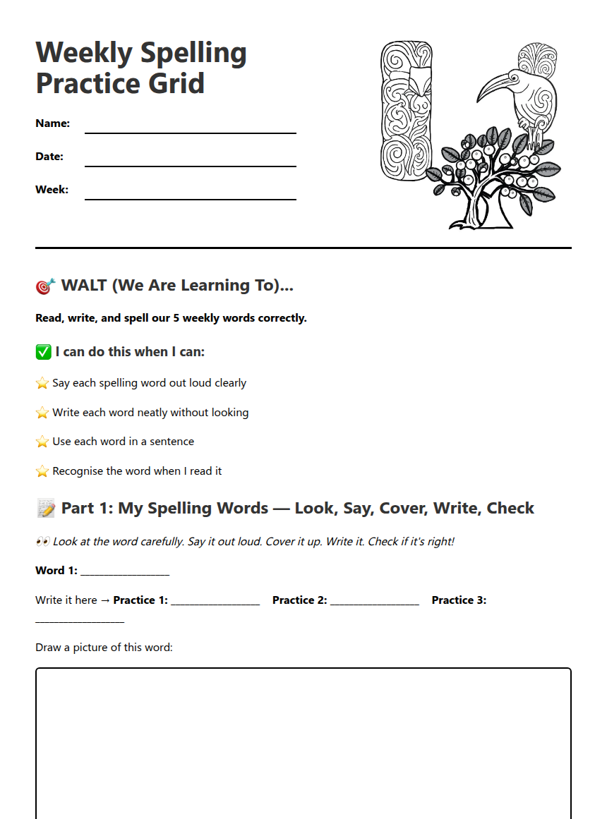 Weekly Spelling Practice Grid — Free Printable Worksheet for English ...