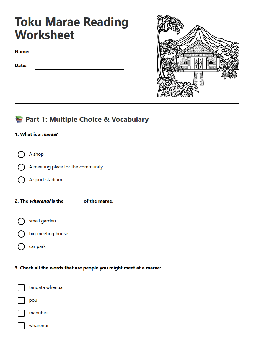 Toku Marae Reading Worksheet | Kuraplan